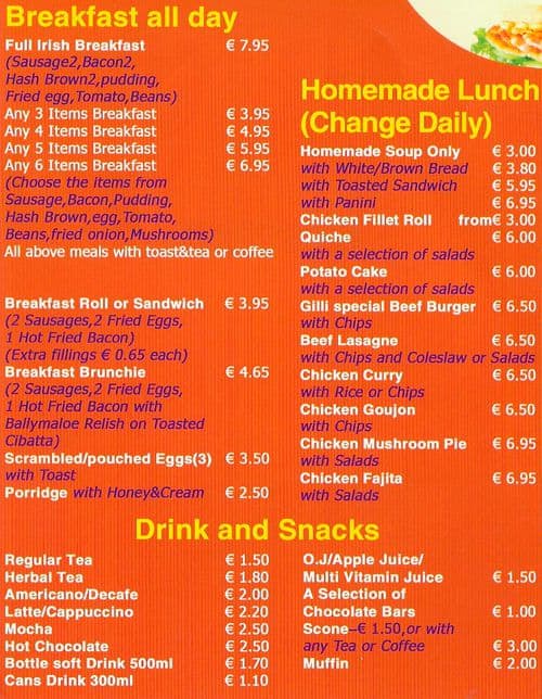 Menu at Gilli Café cafe, Dublin