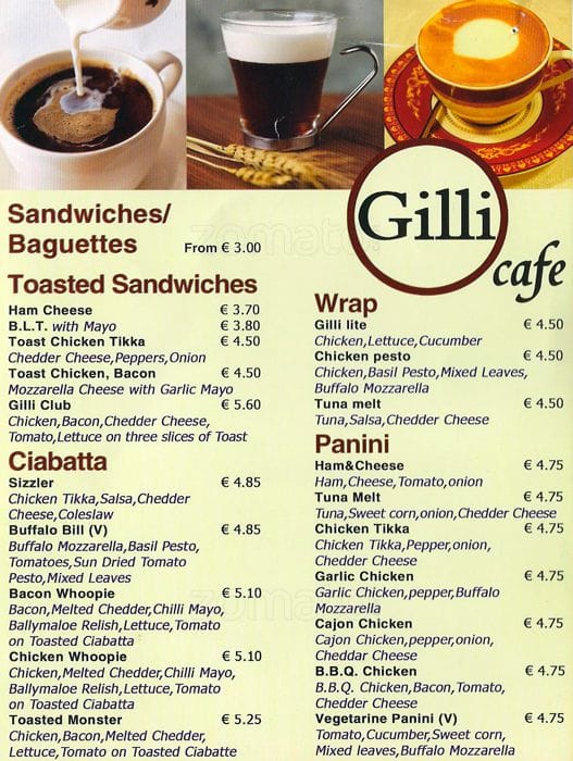 Menu at Gilli Café cafe, Dublin