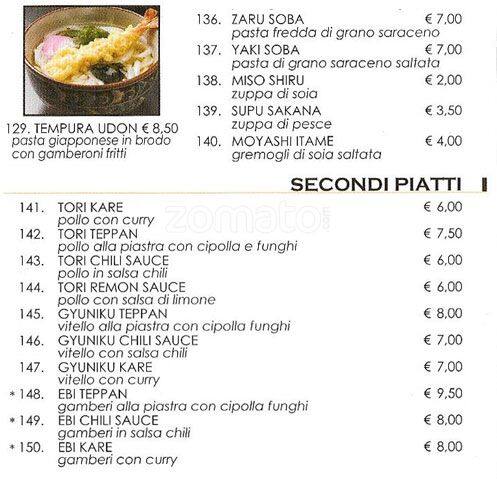 Menu at Aoyama Fusion Restaurant, Milan
