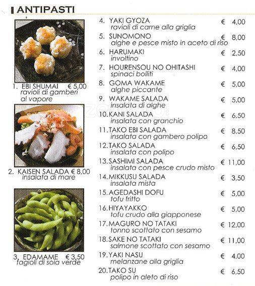 Menu at Aoyama Fusion Restaurant, Milan