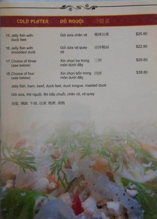 Menu at Maxim Saigon restaurant, Springvale
