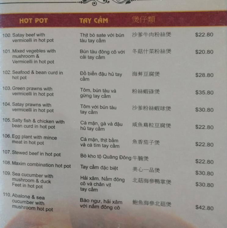 Menu at Maxim Saigon restaurant, Springvale