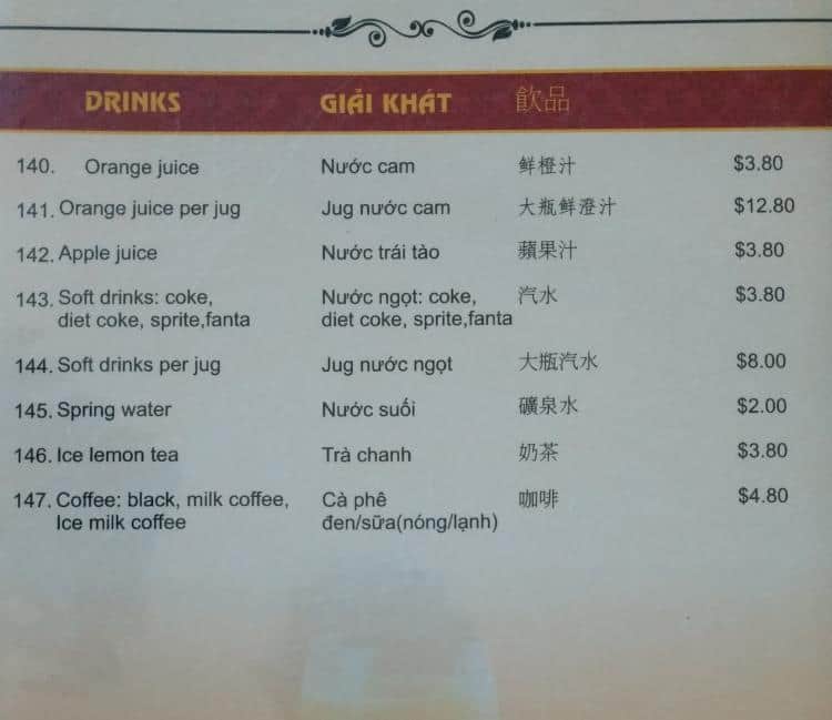Menu at Saigon Rex restaurant, Springvale