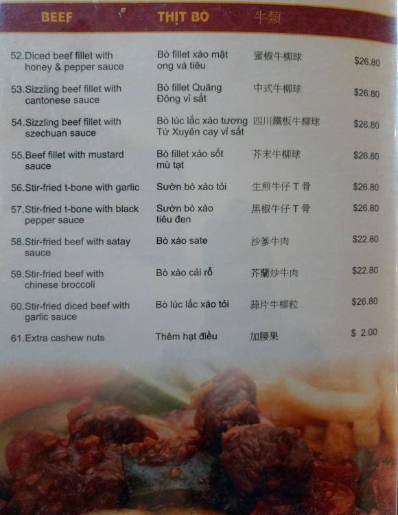 Menu at Saigon Rex restaurant, Springvale