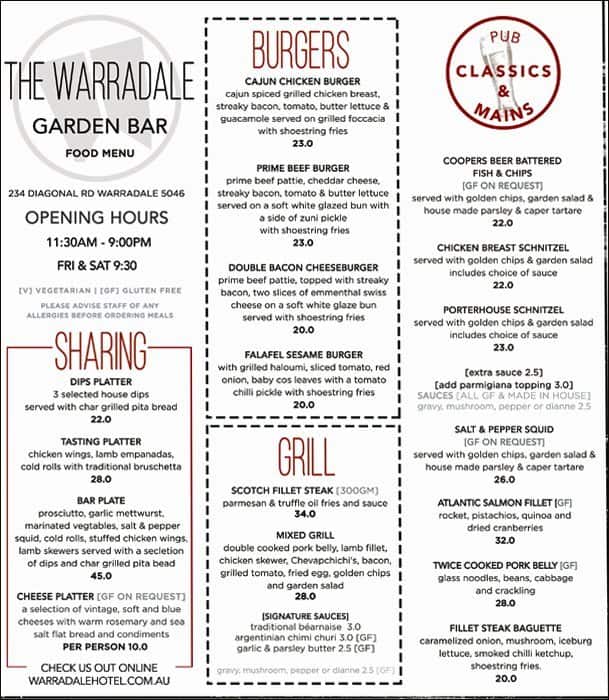 Menu at Warradale Hotel pub & bar, Warradale