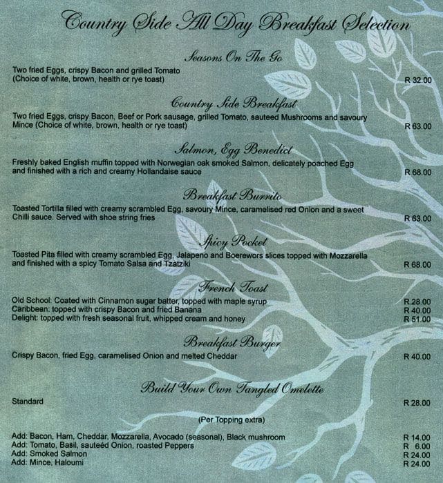 Menu at Tanglewood Terrace - Seasons Sports & Spa cafe, Hartbeespoort