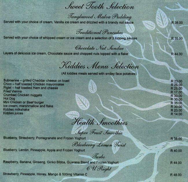 Menu at Tanglewood Terrace - Seasons Sports & Spa cafe, Hartbeespoort
