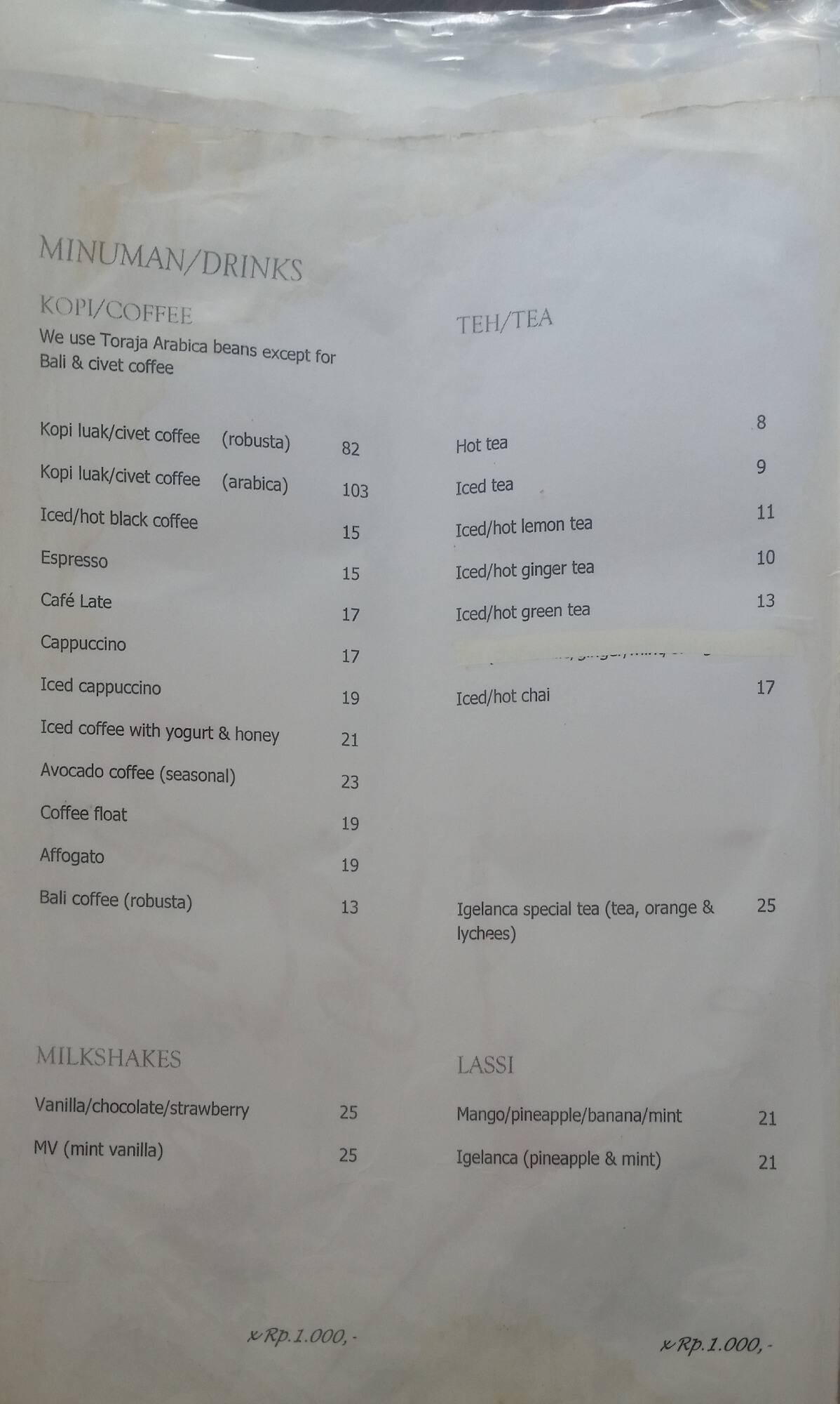 Menu at Warung Cenik Sushi & Coffee Bar, Bedulu
