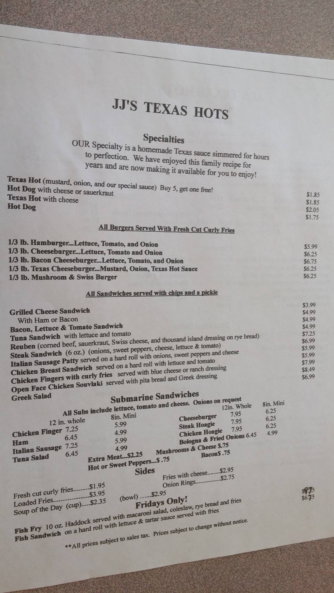 Menu at J J's Texas Hots restaurant, Cheektowaga, Union Rd