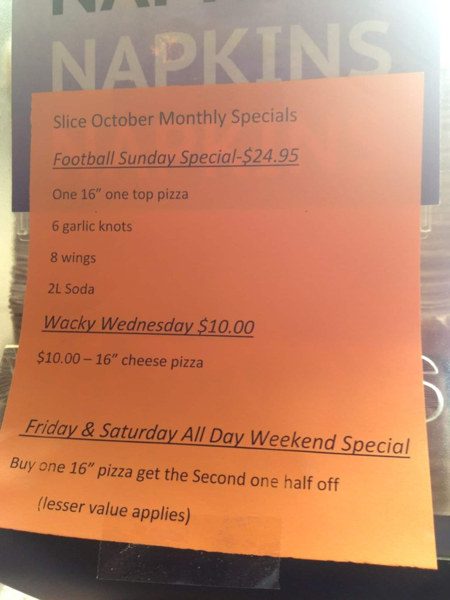 Menu at Slice Pizzeria, Kill Devil Hills