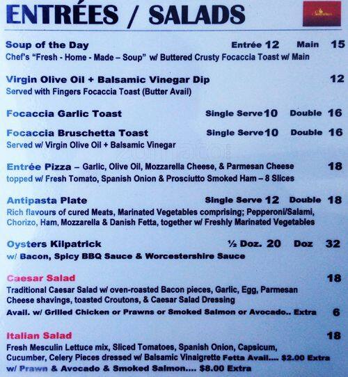 Menu at Sinatras restaurant, Broadbeach