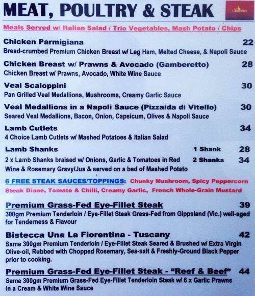 Menu at Sinatras restaurant, Broadbeach
