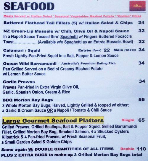 Menu at Sinatras restaurant, Broadbeach