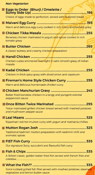 Menu of Fire Station, Electronic City, Bangalore