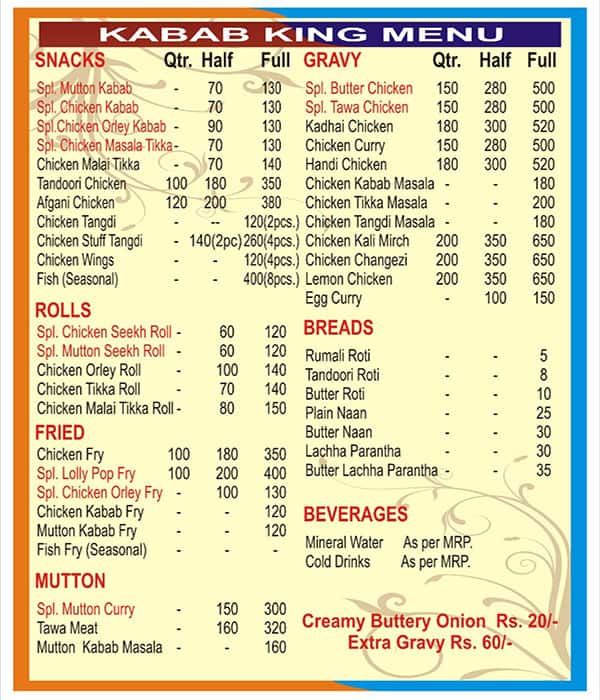 Menu of Kabab King, Geeta Colony, New Delhi