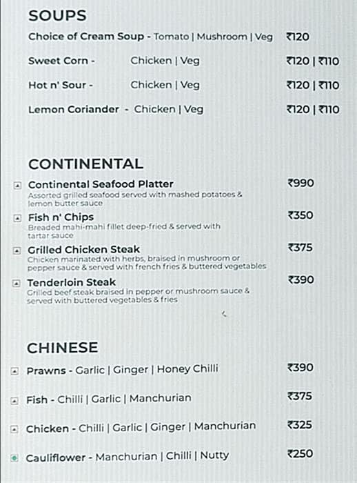 Menu at The Food Mill, Kochi