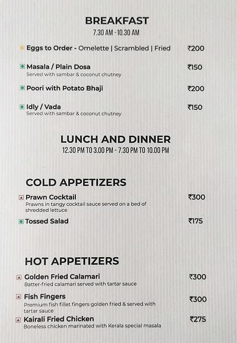 Menu at The Food Mill, Kochi