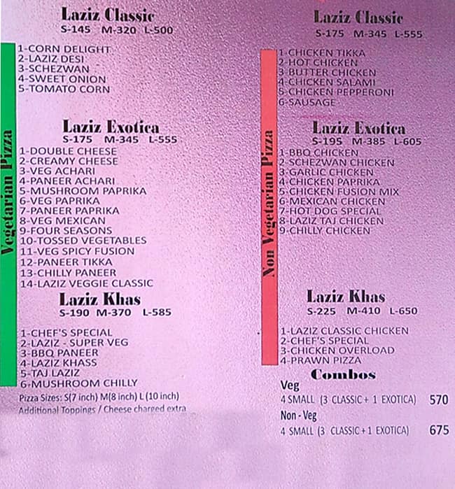 Menu at Laziz Pizza, Bengaluru, 10th Cross