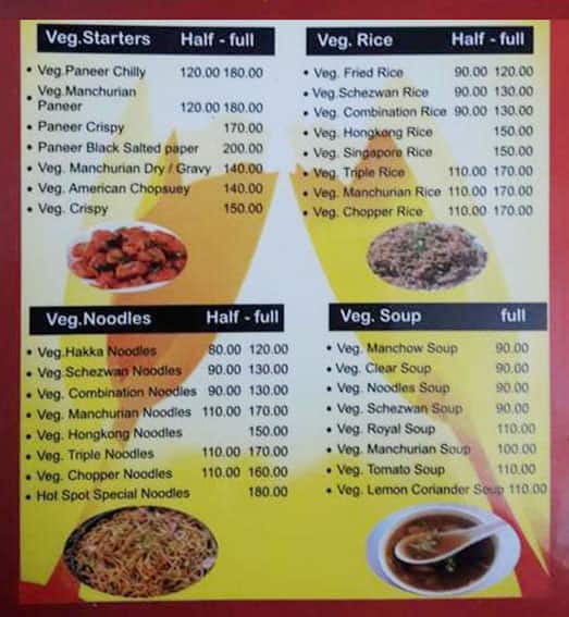 Menu of Hotspot Chinese Corner, Virar, Mumbai