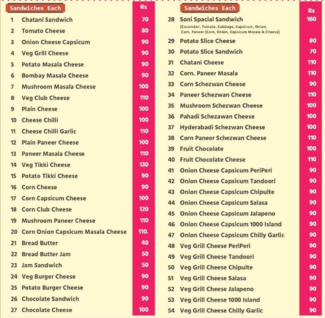 Menu of Soni Sandwich, Pimple Saudagar, Pune