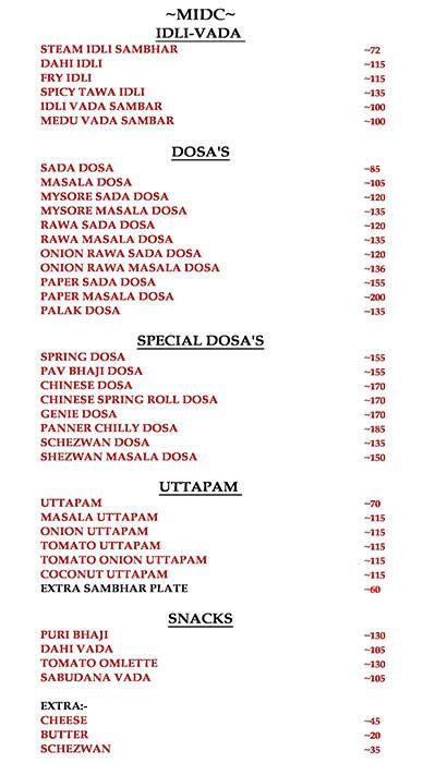 Menu of MIDC Madras, Kandivali East, Mumbai