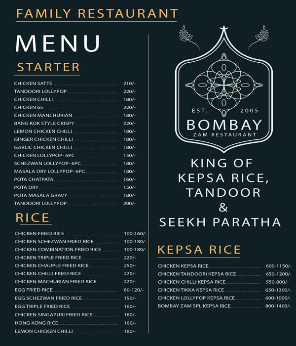 Menu of Bombay Zam Seek & Tandoori Restaurant, Marve, Mumbai