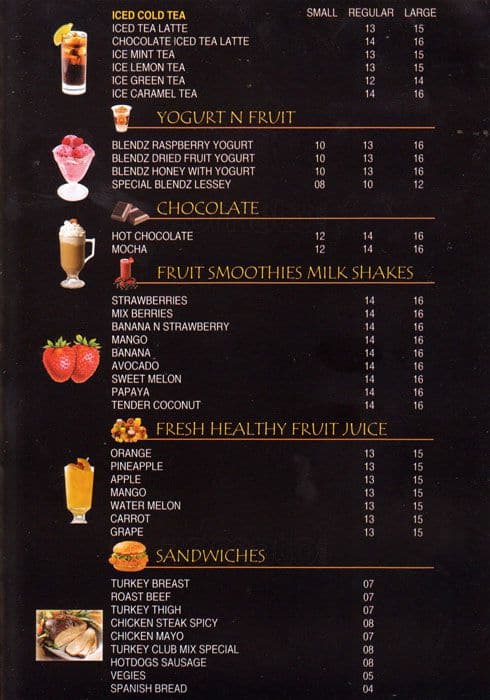 Menu at Blendz and Shakes cafe, Dubai