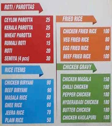 Menu of Hotel Prince, Malleshwaram, Bangalore