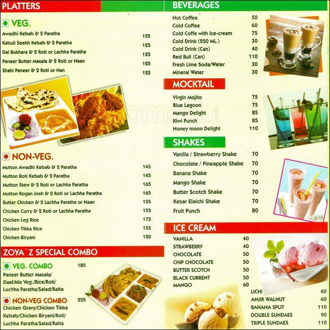 Menu at Zoya'z The Restaurant, Kanpur, 79-80