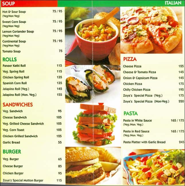 Menu at Zoya'z The Restaurant, Kanpur, 79-80