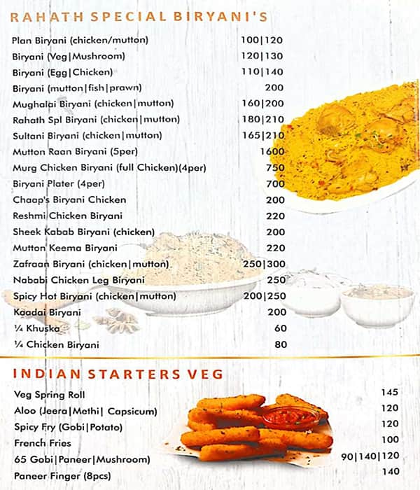 Menu at Rahath City, Chennai