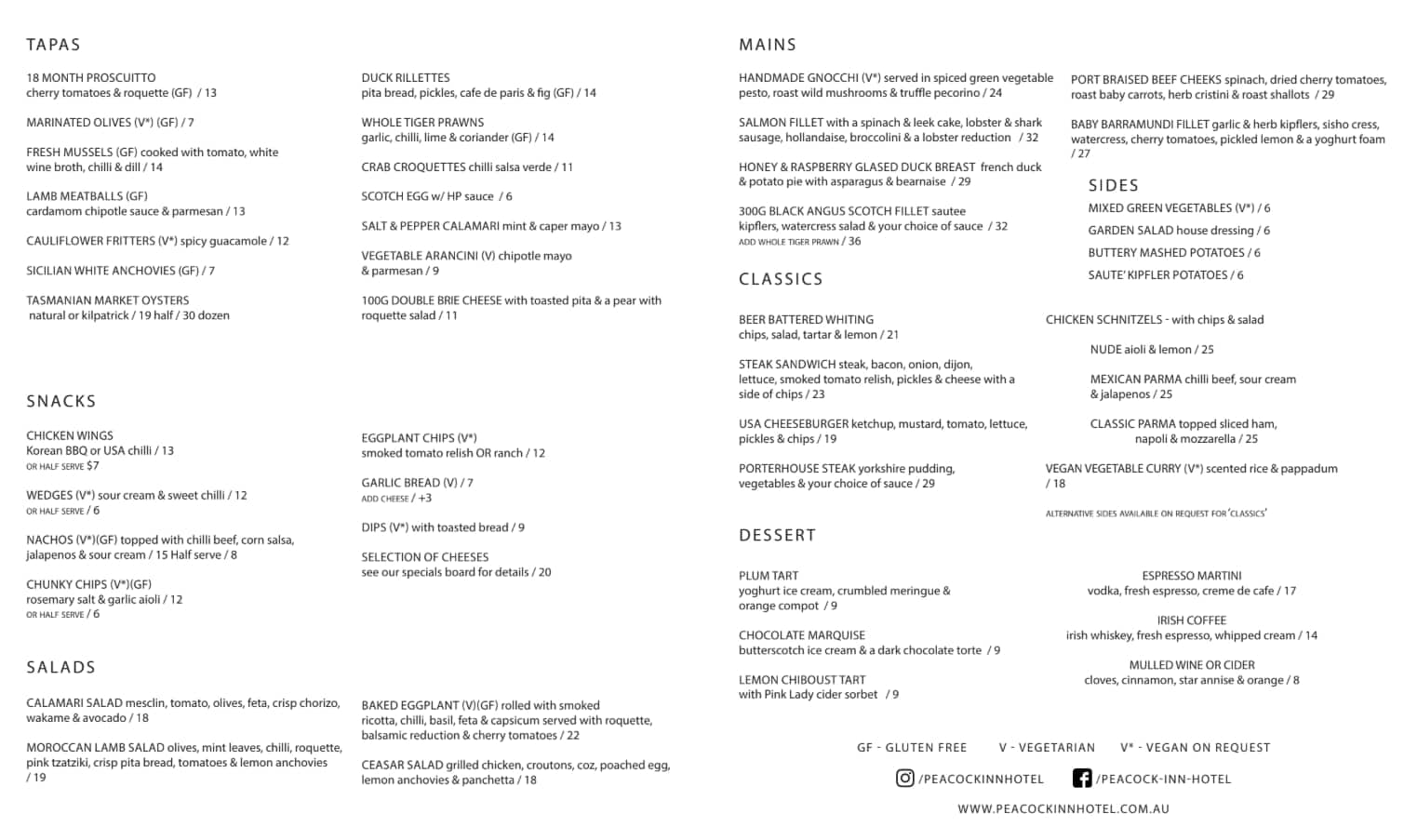 Menu at Peacock Inn Hotel pub & bar, Northcote