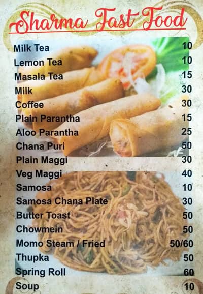 Menu at Sharma fast food,sitender sharma, Dharamshala
