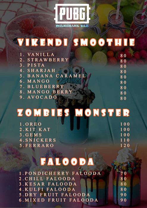 Menu at Pubg Milkshake, Puducherry