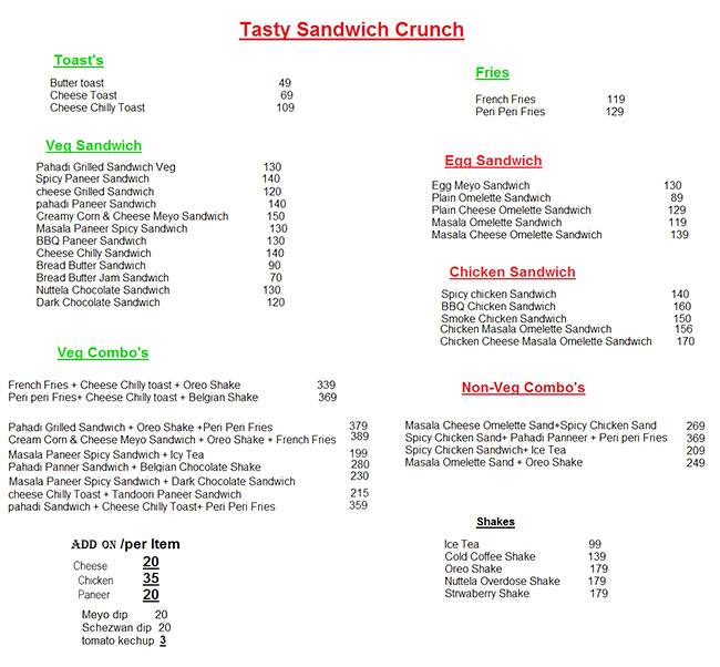 Menu of Tasty Sandwich Crunch, Baner, Pune
