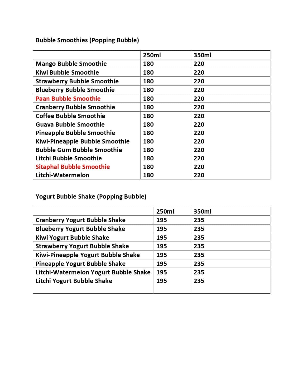 Menu of Sakuraa's - The Bubble World, Nandanvan, Nagpur