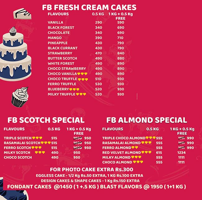 Menu of FB Cakes, Chengalpattu, Chennai