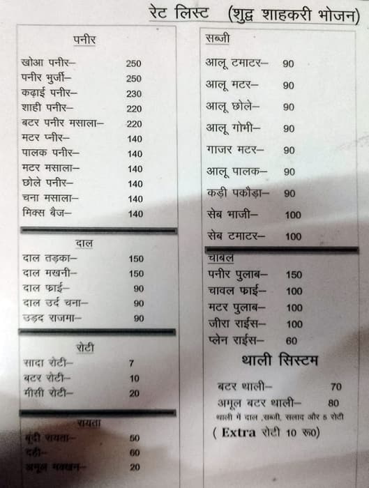 Menu of Shri Gopal Baghel Dhaba, Gopal Pura, Agra