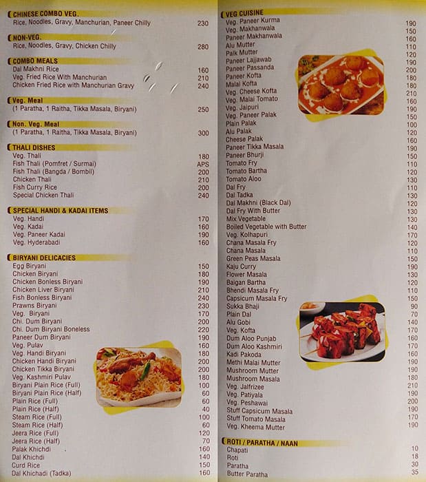 Menu of Asiad, Prime Mall, Vile Parle West, Mumbai