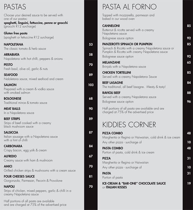 Menu at Amici Pizzeria, The William, Sandton