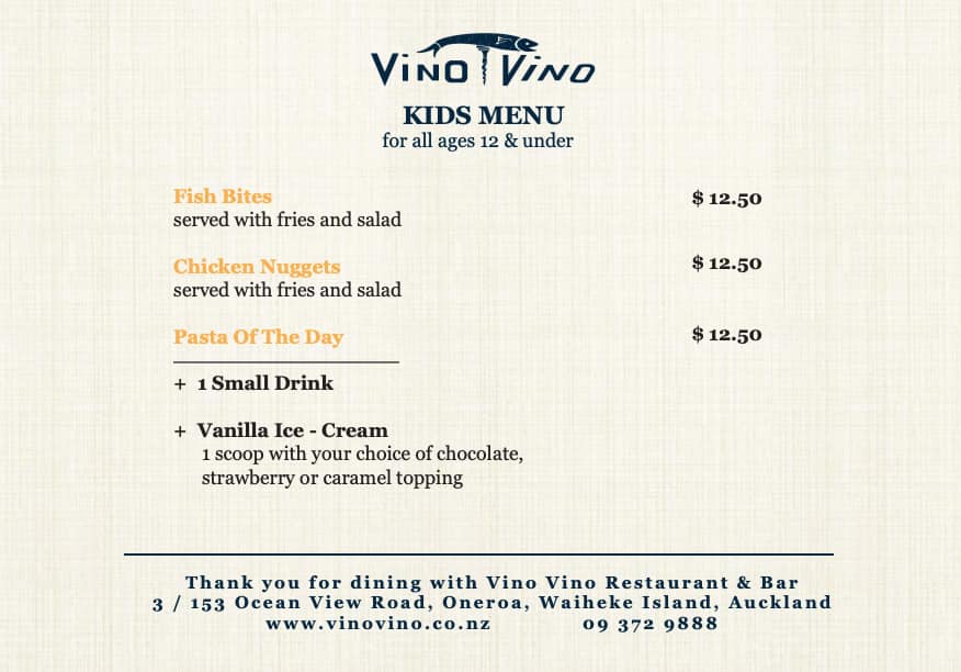 Menu at Vino Vino Restaurant & Bar, Auckland