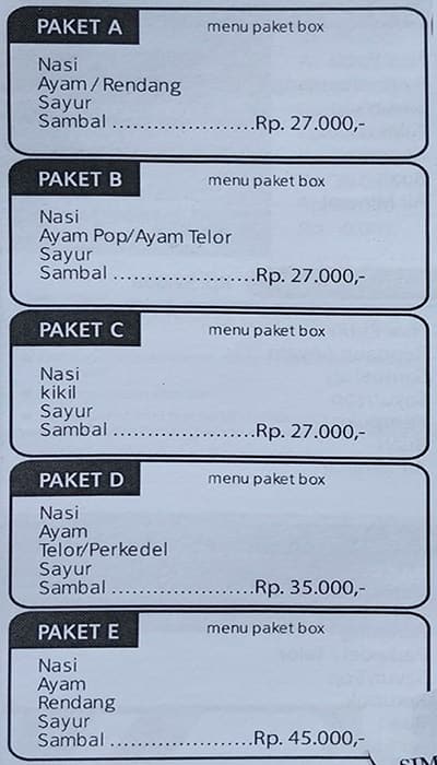 Menu at RM Simpang Raya restaurant, Jakarta, Jl. Raya Daan Mogot No.77