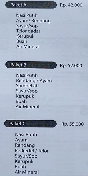 Menu at RM Simpang Raya restaurant, Jakarta, Jl. Raya Daan Mogot No.77