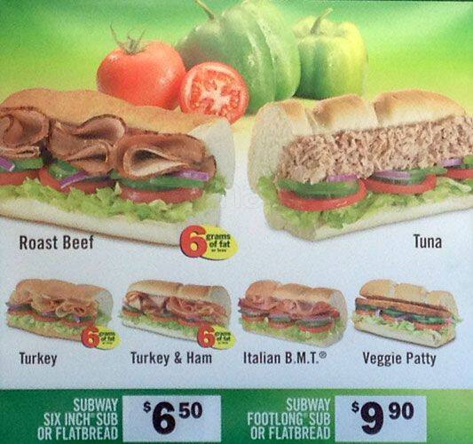 Menu at Subway restaurant, Christchurch, Eastgate Centre