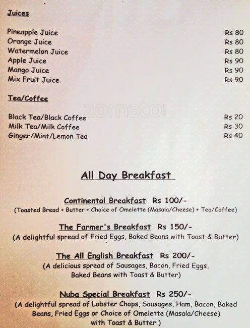 Menu at Nuba, Vagator