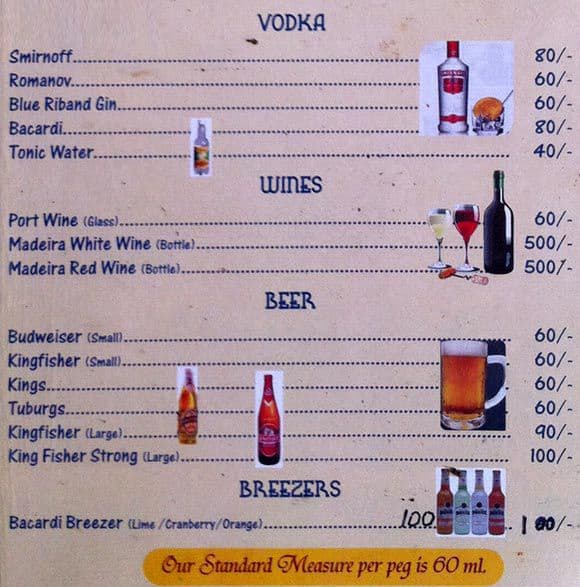 Menu at Cafe Toto's, Candolim, Baga Road