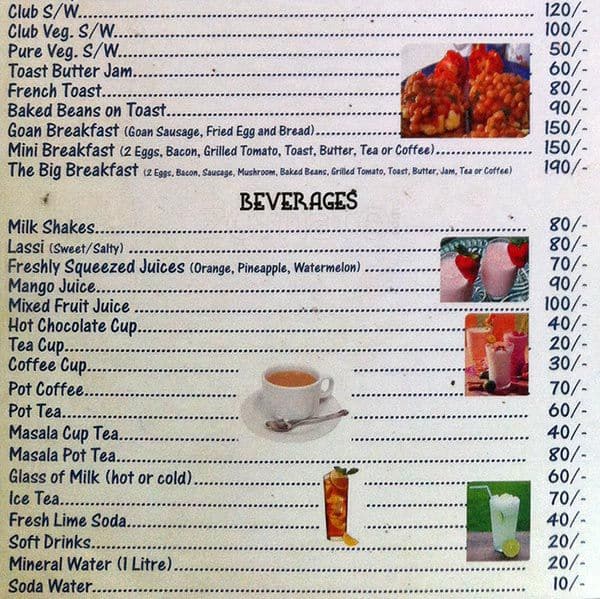 Menu at Cafe Toto's, Candolim, Baga Road