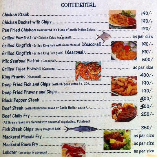 Menu at Cafe Toto's, Candolim, Baga Road