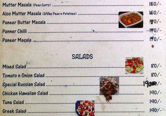 Menu at Cafe Toto's, Candolim, Baga Road
