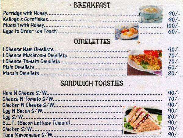 Menu at Cafe Toto's, Candolim, Baga Road